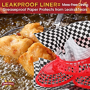 48 Pack Red Oval Fast Food Basket and 200 Pack Black Checkered Deli Liner Set 8.9 x 5.7 x 1.8 Inch Retro Style Plastic Food Baskets for Serving Burger Chip Food Baskets for Home, Restaurants, Picnic