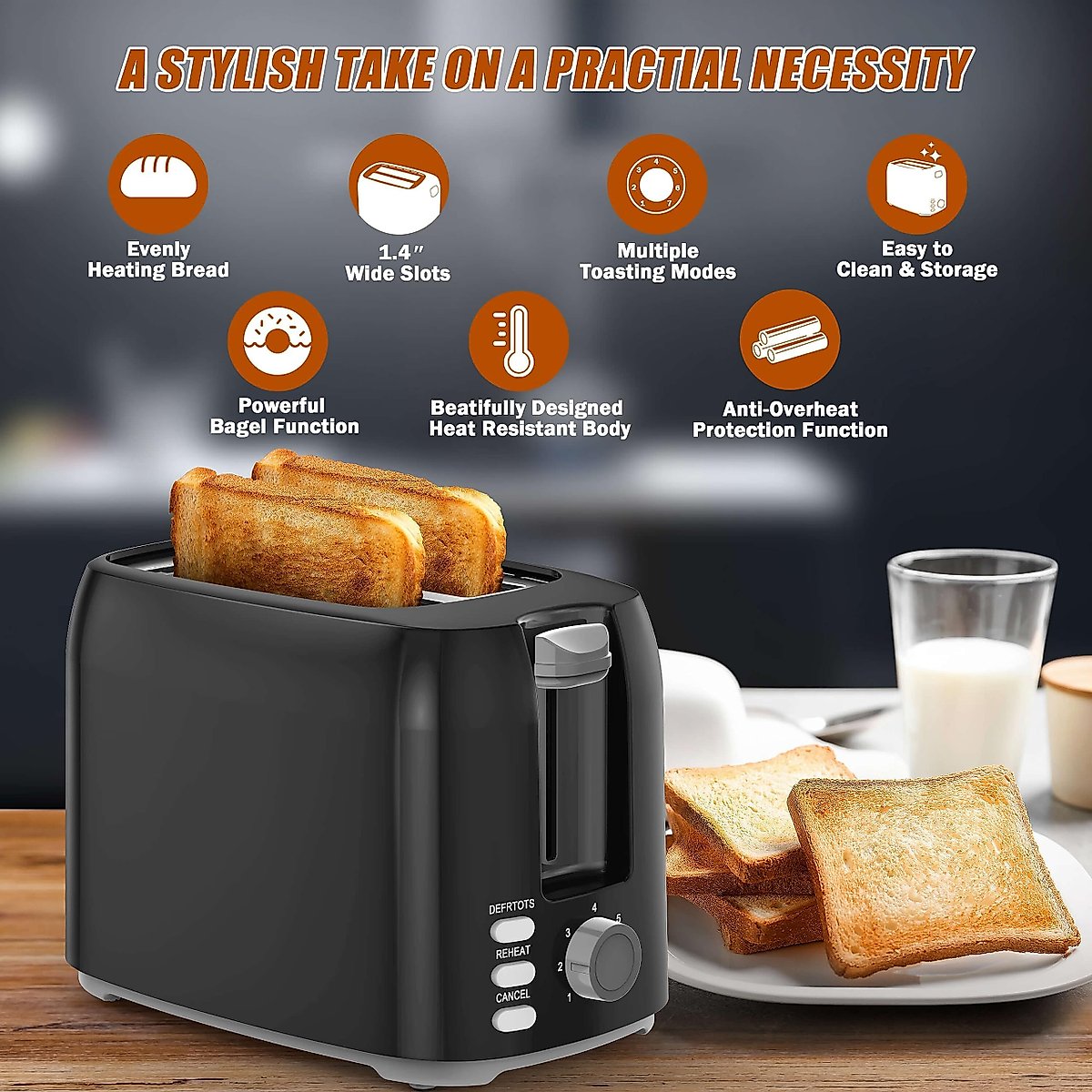 2 Slice Black Toaster with Wide Slots, Bagel Function, 7 Shade Settings, Removable Crumb Tray - Compact Prime Rated Toaster for Bread, Waffles