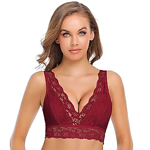 SHEKINI Lace Bralettes Womens Padded Deep V-Neck Wireless Bra Floral Sexy Comfort Everyday Bra Wine Red