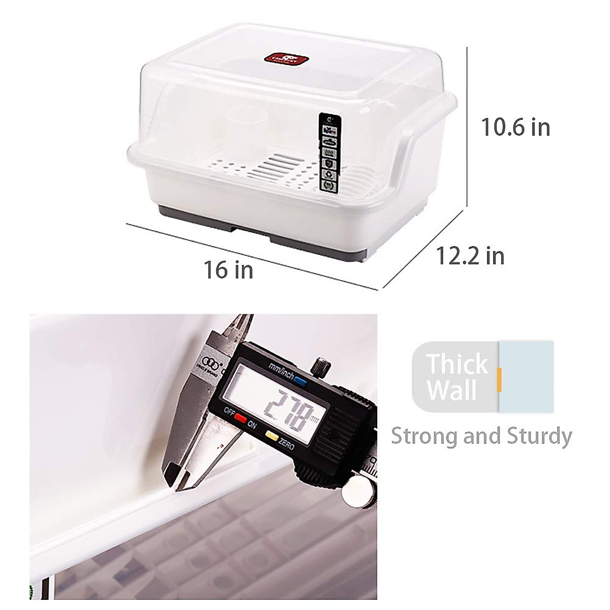 Tomorotec Medium Size Dish Drying Rack and Drain Board with Lid Cover, 16" x 12.2" x 10.6" Nursing Bottle Holder, Kitchen Plate Cup Dish Drying Rack Tray Cutlery Dish Drainer