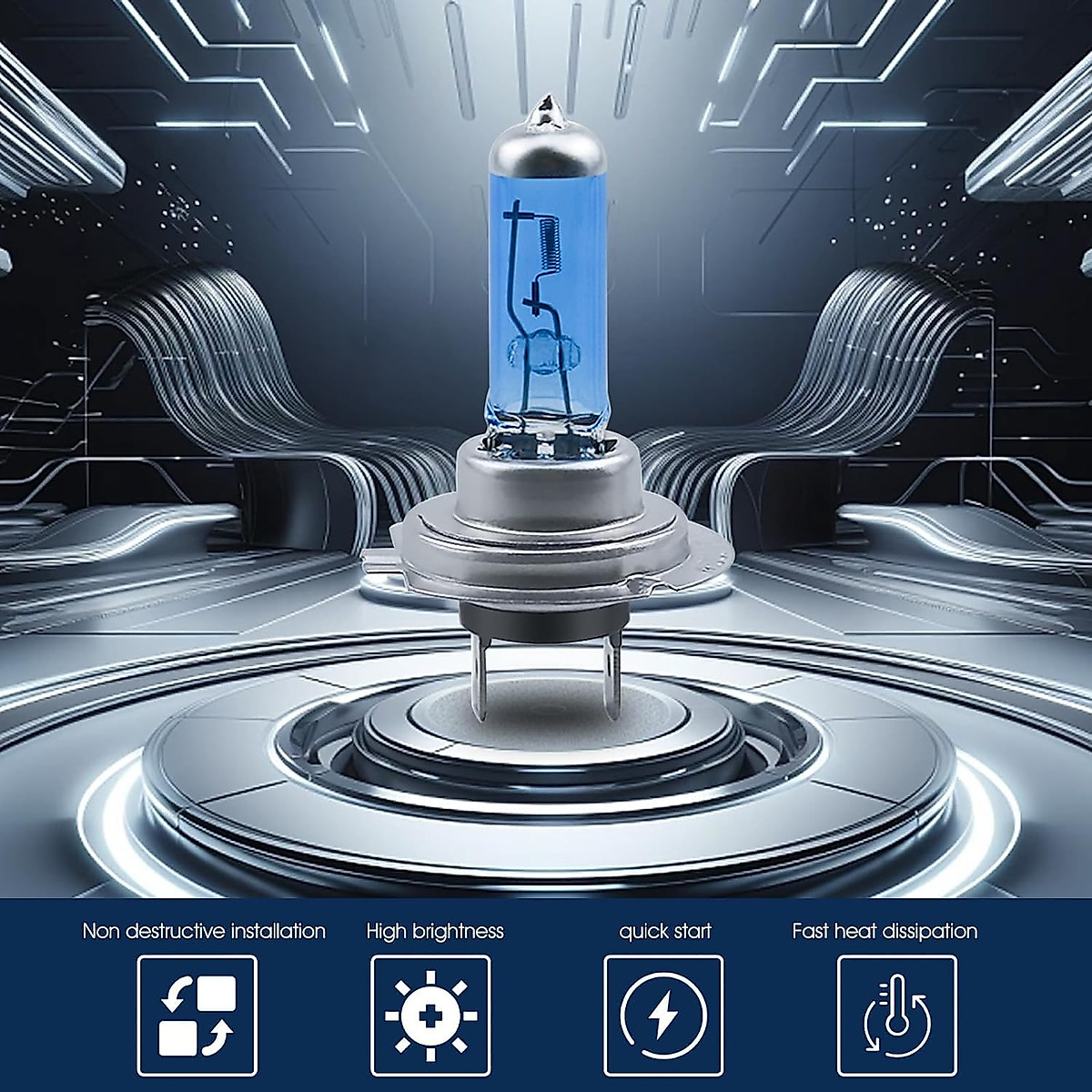 Slykew Pack-2 H4 Halogen Spotlight, Low Beam Halogen Spotlight Bulb 6000K Cool White, Fog Lights, H4 100W High Beam, White Super Bright Bulb for Most Cars, SUVs, Trucks