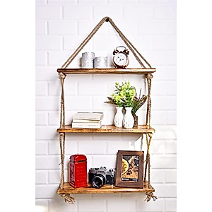 Varnished Retro Wood 3' Eye Rope Wall Shelf Bookcase Flower Holder, Home Wall Wood Shelf