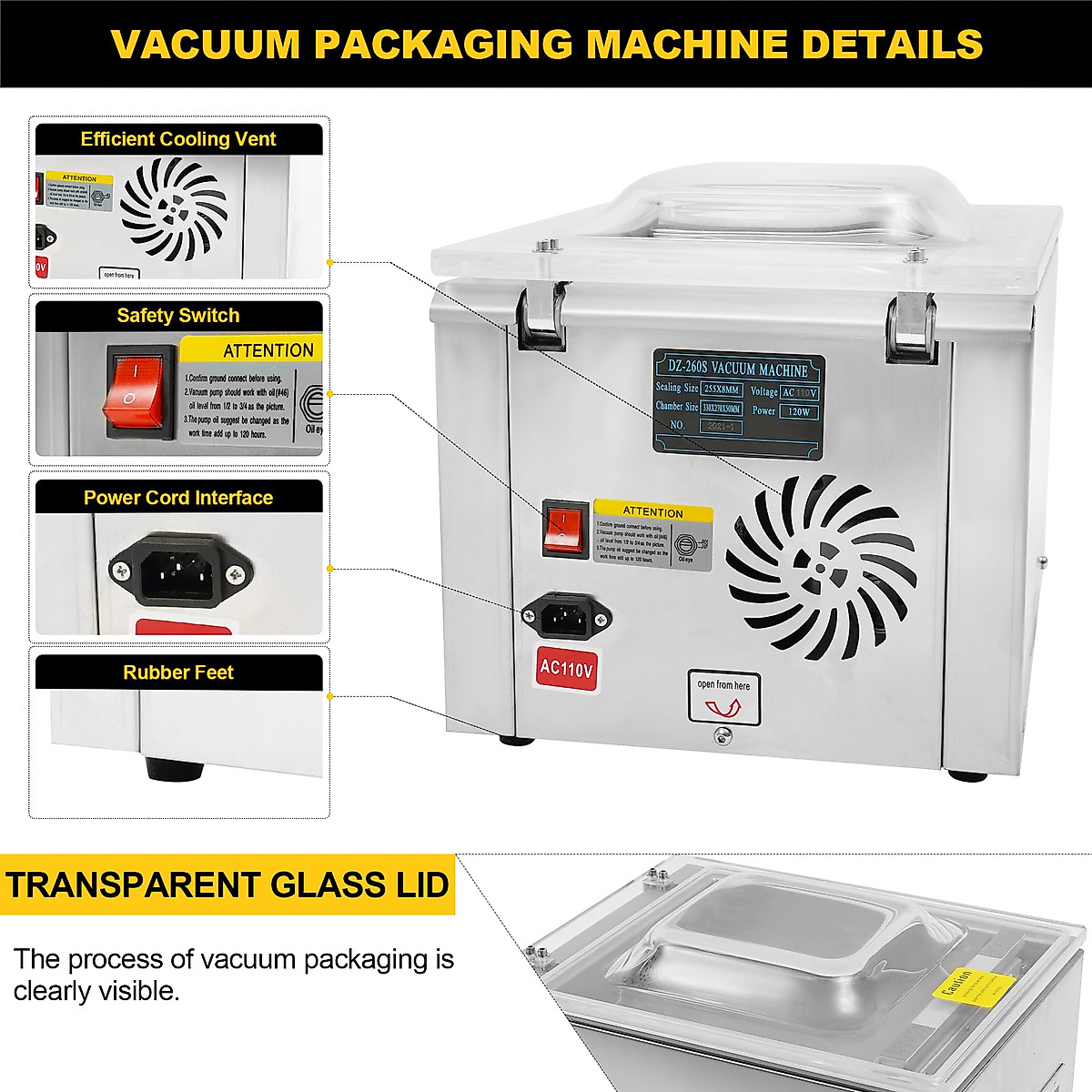 CNCEST Chamber Vacuum Sealer Machine,110V 120W Stainless Steel Tabletop Commercial Kitchen Food Chamber Vacuum Sealer Packaging Machine for Food,Fruit,Home, Commercial Using