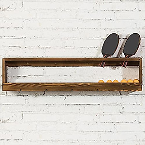 MyGift Wall Mounted Solid Burnt Wood Ping Pong Paddle Table Tennis Racket Display Rack Holder with Ball Holder Storage Shelf