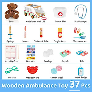 Wooden Doctor Kit for Kids, 37pcs Pretend Play Medical Kit with Ambulance Toy & Plush Bear, Imagination Doctor Role Play Set for Boys Girls Age 3 4 5 6 7