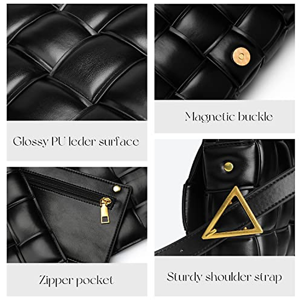 ZooLLyn Woven Padded Cassette Crossbody Trend Shoulder Bag for Women Clutch Bag Square Purse Hand Bag Black