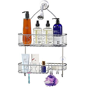 Simple Houseware Bathroom Hanging Shower Head Caddy Organizer + Multi-Functional 6 Slots Toothbrush Holder, Chrome