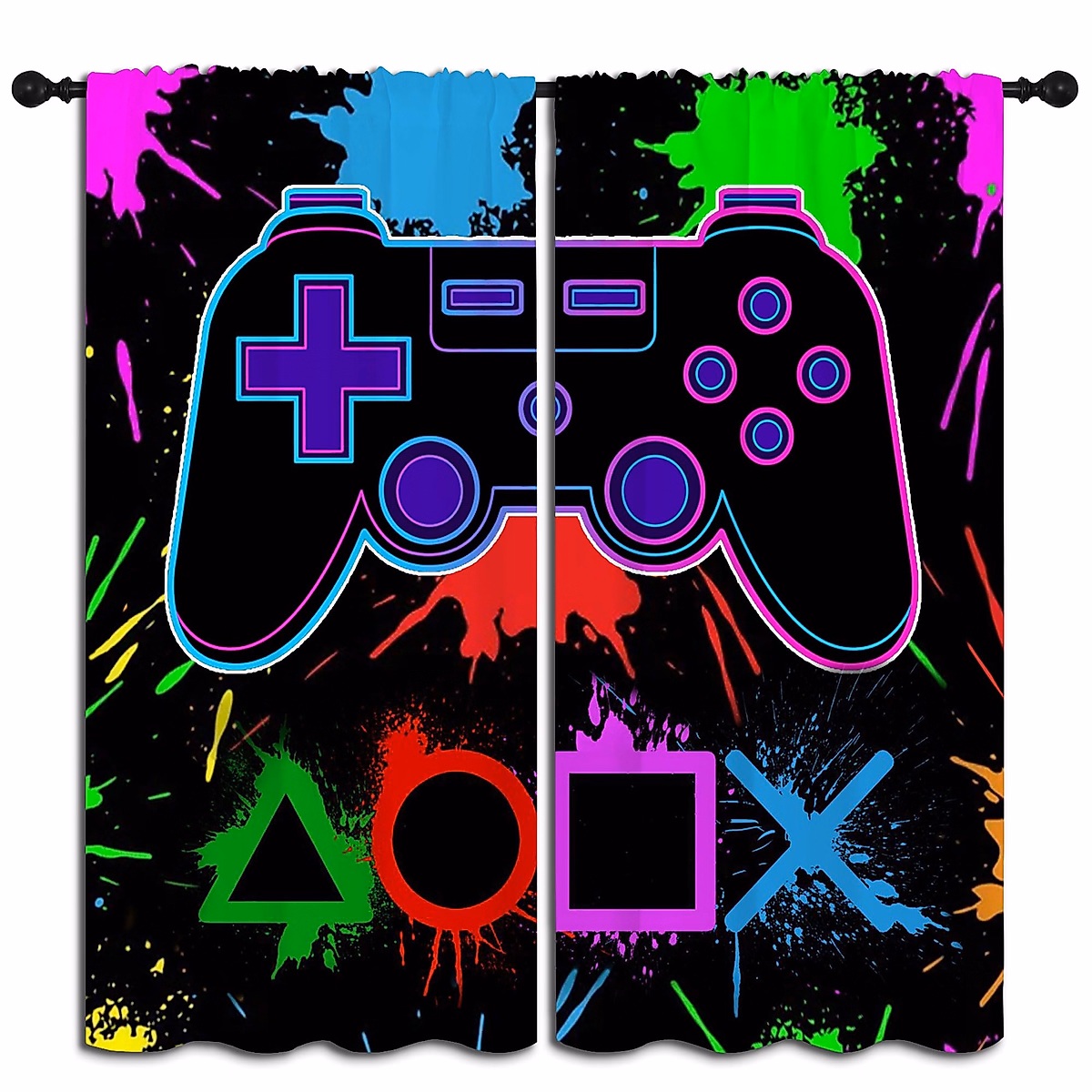 LHROOMJK Gamer Gaming Gamepad Rod Pocket Blackout Curtains for Boy Girl Bedroom, Colorful Splash Art Video Game Controller Thermal Insulated Home Window Drapes for Living Room Darkening, 42x45 inch