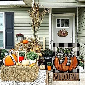 CROWNED BEAUTY Fall Pumpkin Garden Flag 12x18 Inch Double Sided for Outside Thanksgiving Burlap Buffalo Plaid Welcome Small Seasonal Yard Decoration (Orange)