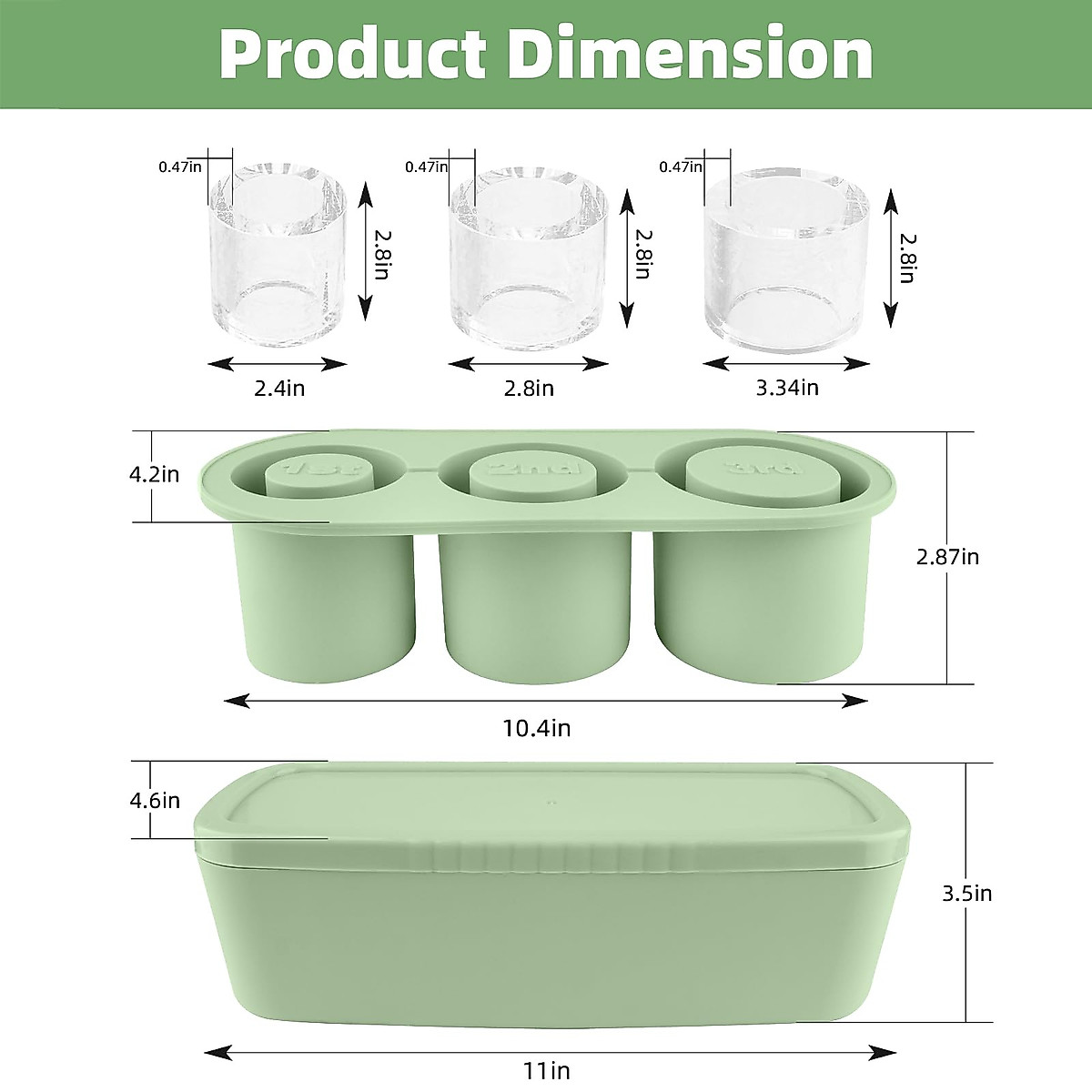 Fu Store Ice Cube Tray for Tumbler Cup 30-40 oz Tumbler 3pcs Silicone Ice Cube Molds With Lid and Bin for Chilling Cocktails Whiskey Drinks Juice Coffee Easy Fill and Release Ice Maker(Green, 40 oz)