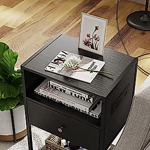 LDTTCUK Nightstand with Charging Station, Modern End Table with Drawer, Bedside Table with Open Storage for Bedroom,Black