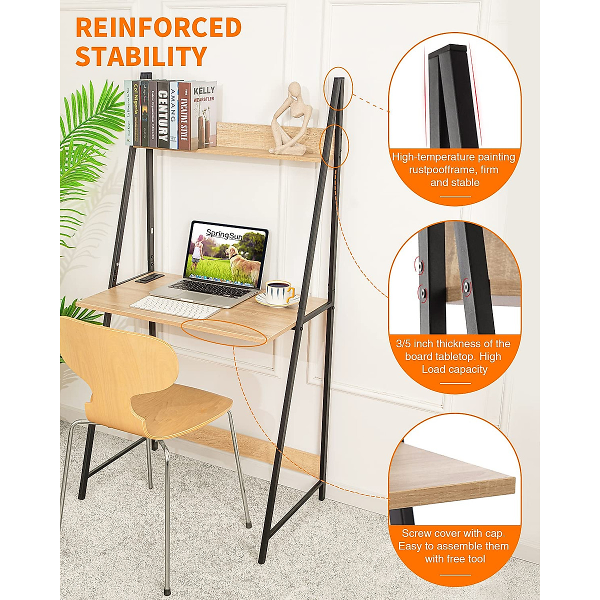 SpringSun Computer Desk with Power Outlet 2-Tier Ladder Computer Table with Storage Bookshelf, USB Charging Ports Modern Writting Table for Office and Home