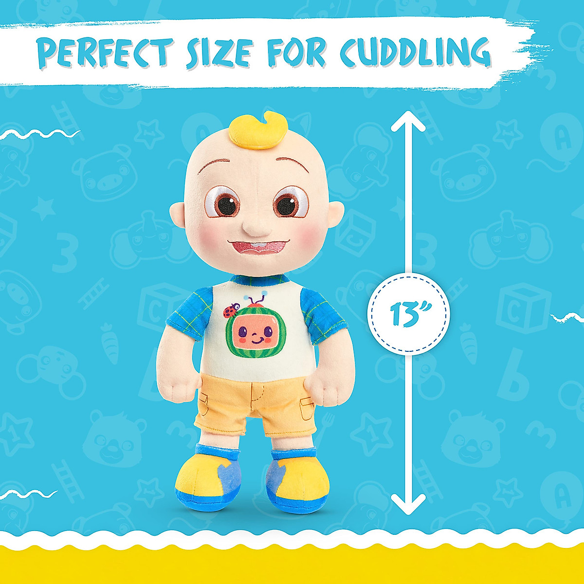 Just Play Cocomelon 100% Recycled Materials 13-inch JJ Plush Stuffed Doll, Super-Soft and Huggable, Kids Toys for Ages 18 Month