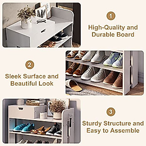 Waktavel 5 Tiers Vertical Shoe Rack with Hook, Wooden Shoe Rack Organizer with Open Top Free Standing Shoe Storage Stand for Entryway Hallway