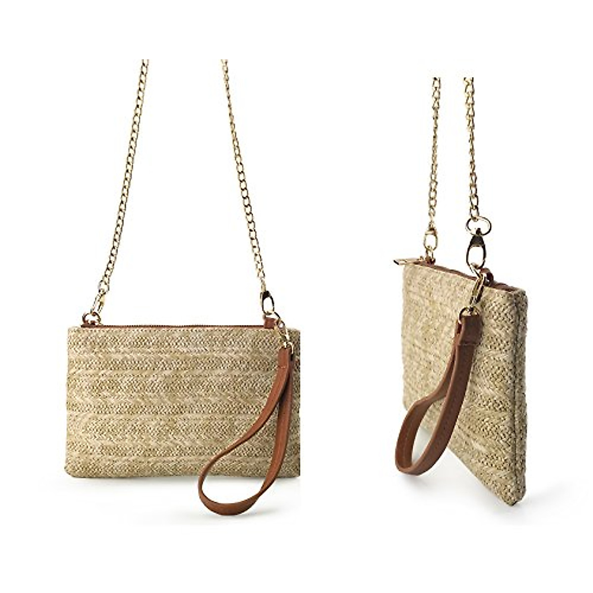 Straw Zipper Small Cross body bag Wristlet Clutch Womens Purse (Brown)