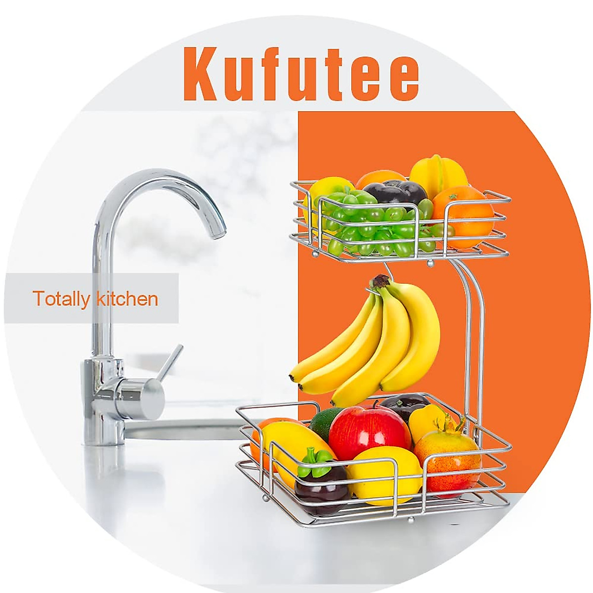 Kufutee 2 Tier Countertop Fruit Basket,Vegetables Bowl Storage With Banana Hanger,Sliver
