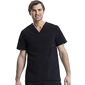 Cherokee V- Neck Men's Scrub Top with Rib Knit Back Panels CK900A, M, Black