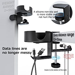 NODOCA Desk Cup Holder, 3.3 inches Diameter Cup Holder with 2 Space Saving Hangers for Headset/Bag/Hat, 360 Degree Rotation Desk Drink Holder, Headphone Hanger for Office, Home(Black)