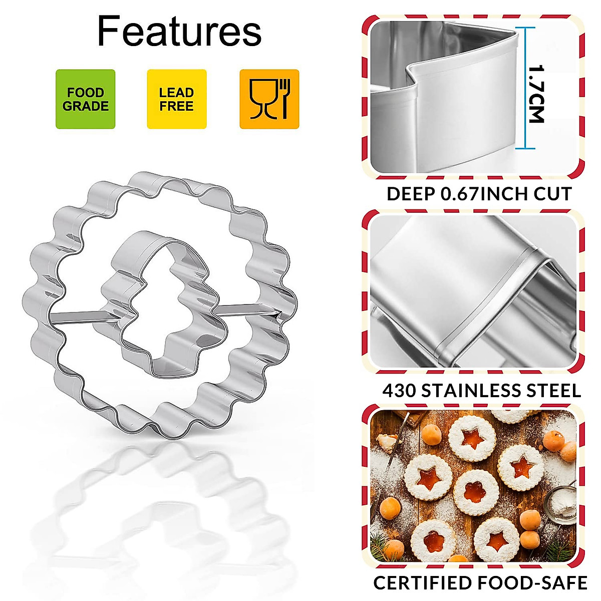 KAISHANE 9PCS Mini Linzer Cookie Cutter Set, Christmas Holiday Metal Cookie Cutters, Gingerbread Man, Christmas Tree, Bell, Heart Shape for Baking Sandwich Jam Cookies