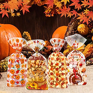 STPIYFZU Thanksgiving Treat Bags, 50 Pcs Fall Cellophane Treat Bags, Pumpkin Maple Leaf turkeys Candy Goodie Treat Bags with Twist Tie for Thanksgiving Fall Autumn Theme Party Favor Bag (4 Styles)