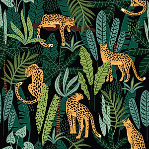 CHIHUT Leopard King Peel and Stick Wallpaper Self Adhesive Removable Jungle Animal Wallpaper Tropical Green Leaf Contact Paper Waterproof Wall Paper Decorative Vinyl Roll for Walls Cabinets 17.7”x100”