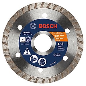BOSCH DB442S 4 In. Standard Turbo Rim Diamond Blade with 5/8 In., 7/8 In. Arbor for Smooth Cut Wet/Dry Cutting Applications in Concrete, Brick, Stone, Masonry