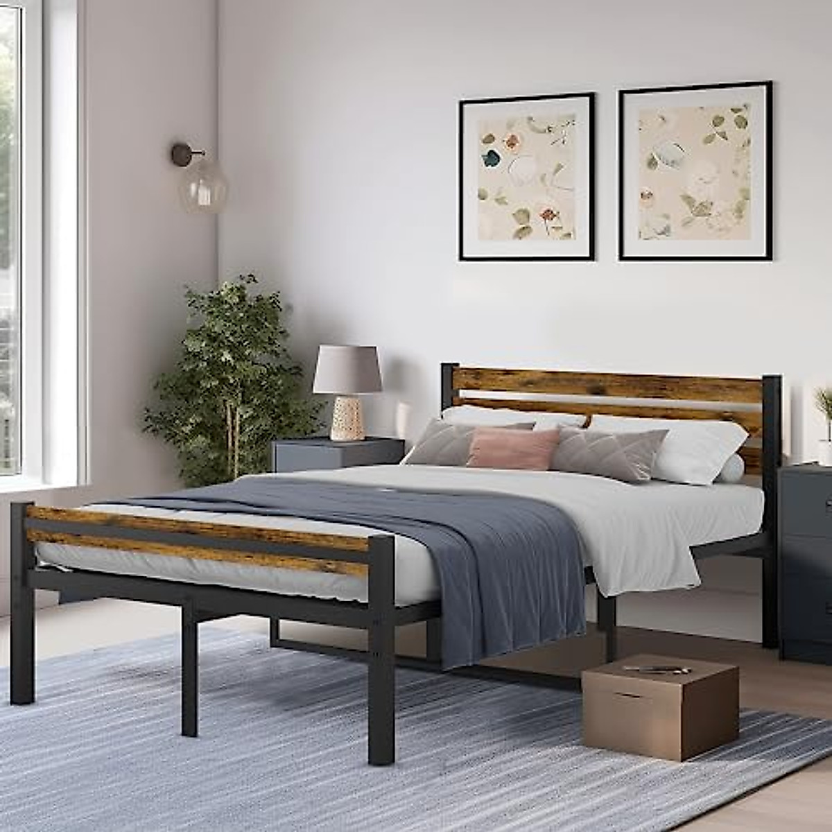 AWQM 14 Inch Full Bed Frame, Metal Platform Full Size Bed Frame with Wood Headboard and Footboard, No Noise, No Box Spring Needed, Bed Central with Extra Metal Support, More Sturdy, Rustic Brown+Black