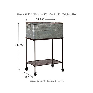 Signature Design by Ashley Vossman Galvanized Metal Beverage Tub with Caster Wheel Stand, Antique Gray