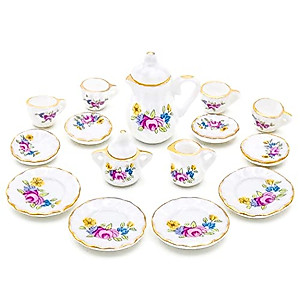 Odoria 1/12 Miniature Porcelain Tea Set 15Pcs Dollhouse Decoration Accessories, Pink Blossom