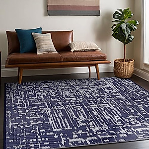 Beverly Rug Abstract Outdoor Rugs 6x9 Waterproof Reversible Plastic Straw Rug Outdoor Carpet, Outside Mat for Patio, Camping, Picnic, Porch, Deck, RV, Beach, Pool, Blue and White