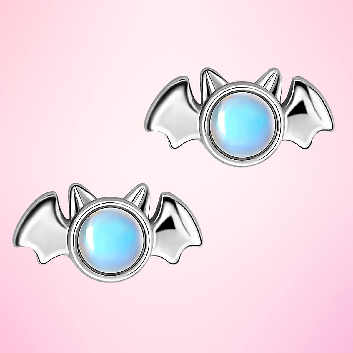 Halloween Moonstone Bat Earrings Sterling Silver Vampire studs for Women Hypoallergenic Piercing Stud for Sensitive Ears Fashion Gothic Jewelry