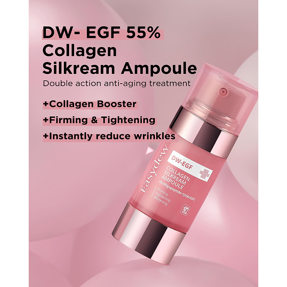 EASYDEW EGF 55% Collagen Silkream Ampoule- Korean Facial Serum for Firmness & Elasticity with Peptides, Amino Acids - Day & Night Anti Aging Silky Smooth Skincare, 1.86oz.