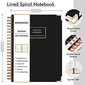 Huhuhero Spiral Notebook, College Ruled Notebook, 8.5" x 11", 320 Pages Black Leather Lined Journal for Women Men, A4 Large Notebooks for Work Writing Office, 24pcs Index Tabs, School Supplies