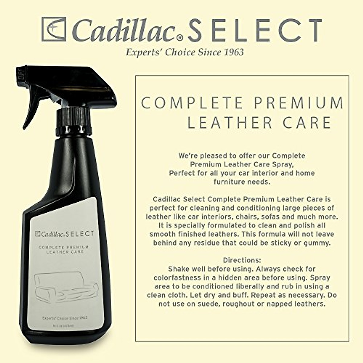 Cadillac Select Leather Furniture Cleaner and Conditioner for Couch, Car Auto Interior Seats, Bags, Jackets, Large Leather Surfaces – Complete Care Spray