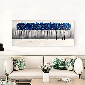 Yihui Arts Landscape Painting Abstract Tree Canvas Art Handpainted Indigo Blue Forest Pictures Artwork for Living Room Bedroom Wall Decor (20Wx40L)