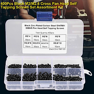 Self Tapping Screws, 400Pcs Black Stainless Steel M2/M2.6 Cross Pan Head Self Tapping Screws Set Assortment Kit