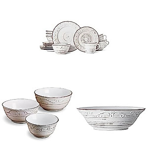Pfaltzgraff Trellis White 16-Piece Dinnerware Set, Service for 4, Distressed White & Pfaltzgraff Trellis Serving Bowls, Set of 3, White & Pfaltzgraff Trellis, Serve Bowl, 9", White