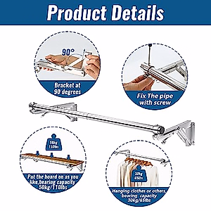 Foldable Wall Mounted Clothes Rack-30'' Long Rod&2 Thick Bases,Stainless Steel,Multi-Purpose for Space-Saving Garment Rack/Clothes Drying Rack/Clothes Hanger,Detachable and Top Shelf Room Reserved