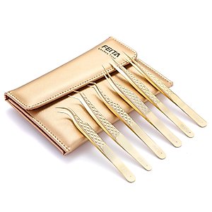 FEITA Eyelash Extension Tweezer Set Gold Lash Applicator Tool - Precision Lashes Diamond Grip Tweezers for 2D-6D Volume & Individual Eyelashes Extensions Supplies (6Pcs)