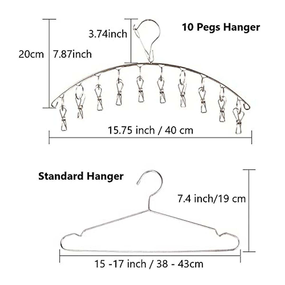 WudTus Clothes Hanger with 10 Clips, Stainless Steel, Windproof, for Drying Socks, Bras, Underwears, Baby Clothes, Hats, Scarfs, Towels, Pants and Gloves (4 Pack)