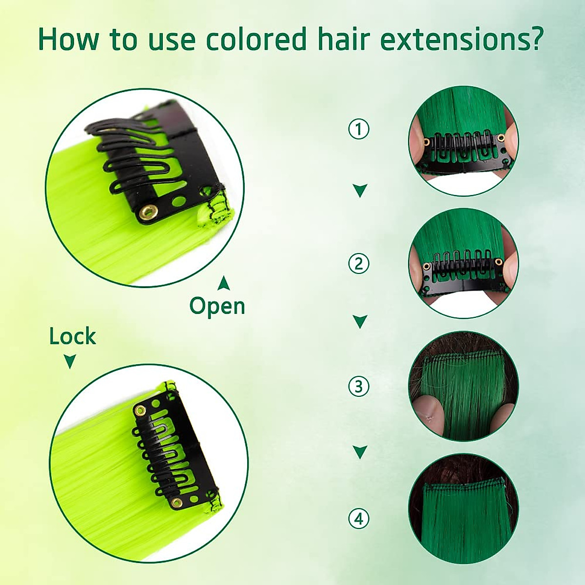 10Pieces 20Inch Colored Hair Extensions Clip In For Women Girls Hiar Accessories Wig Pieces Synthetic Hair Pieces (Green, Bright yellow)