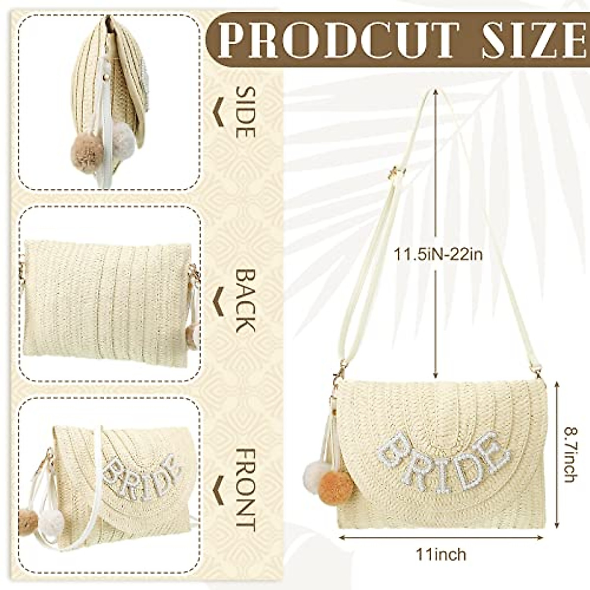 Bride Straw Shoulder Bag Woven Envelope Wallet Pearl Rhinestone Wedding Vacation Purse Honeymoon Bridal Shower Gift for Bride (Bride White Style)