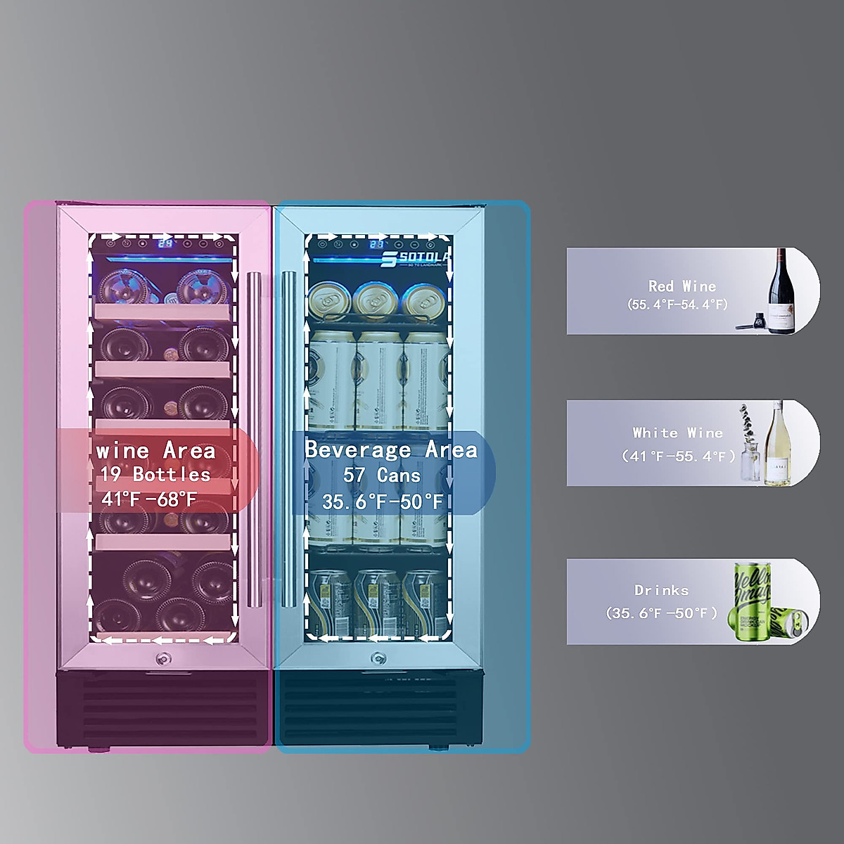 Anwick 24" Wine Cabinet Refrigerator Dual Zone Built-in or Freestanding Refrigerator Home Built-in Wine Cabinet with Stainless Steel Tempered Glass Door and Temperature Memory