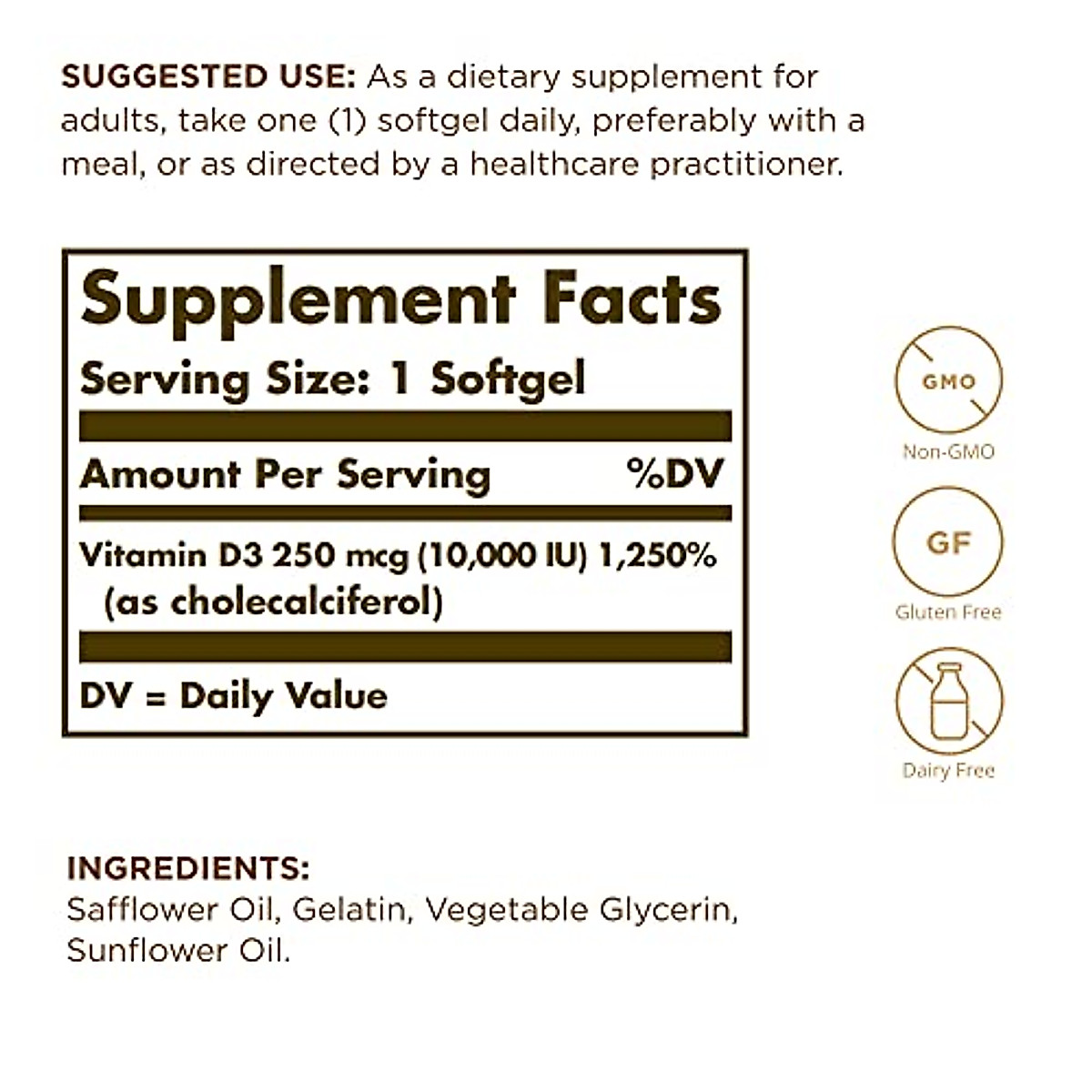 Solgar Vitamin D3 (Cholecalciferol) 250 MCG (10,000 IU) - Helps Maintain Healthy Bones & Teeth - Immune System Support - Non-GMO, Gluten Free, Dairy Free - 120 Servings, 120 Count (Pack of 2)