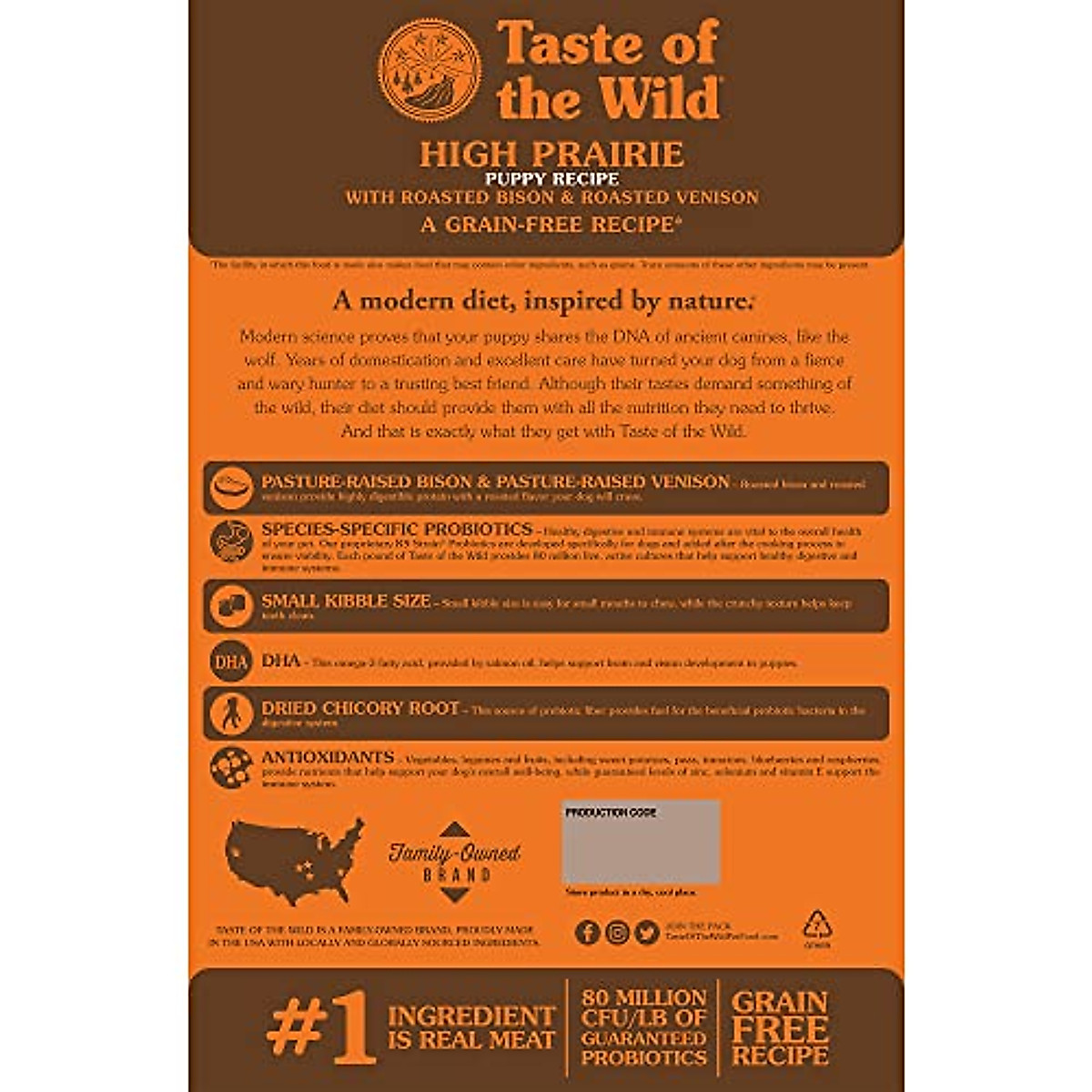 Taste of the Wild High Prairie Canine Grain-Free Recipe with Roasted Bison and Venison Dry Dog Food for Puppies, Made with High Protein from Real Meat and Guaranteed Nutrients and Probiotics 14lb