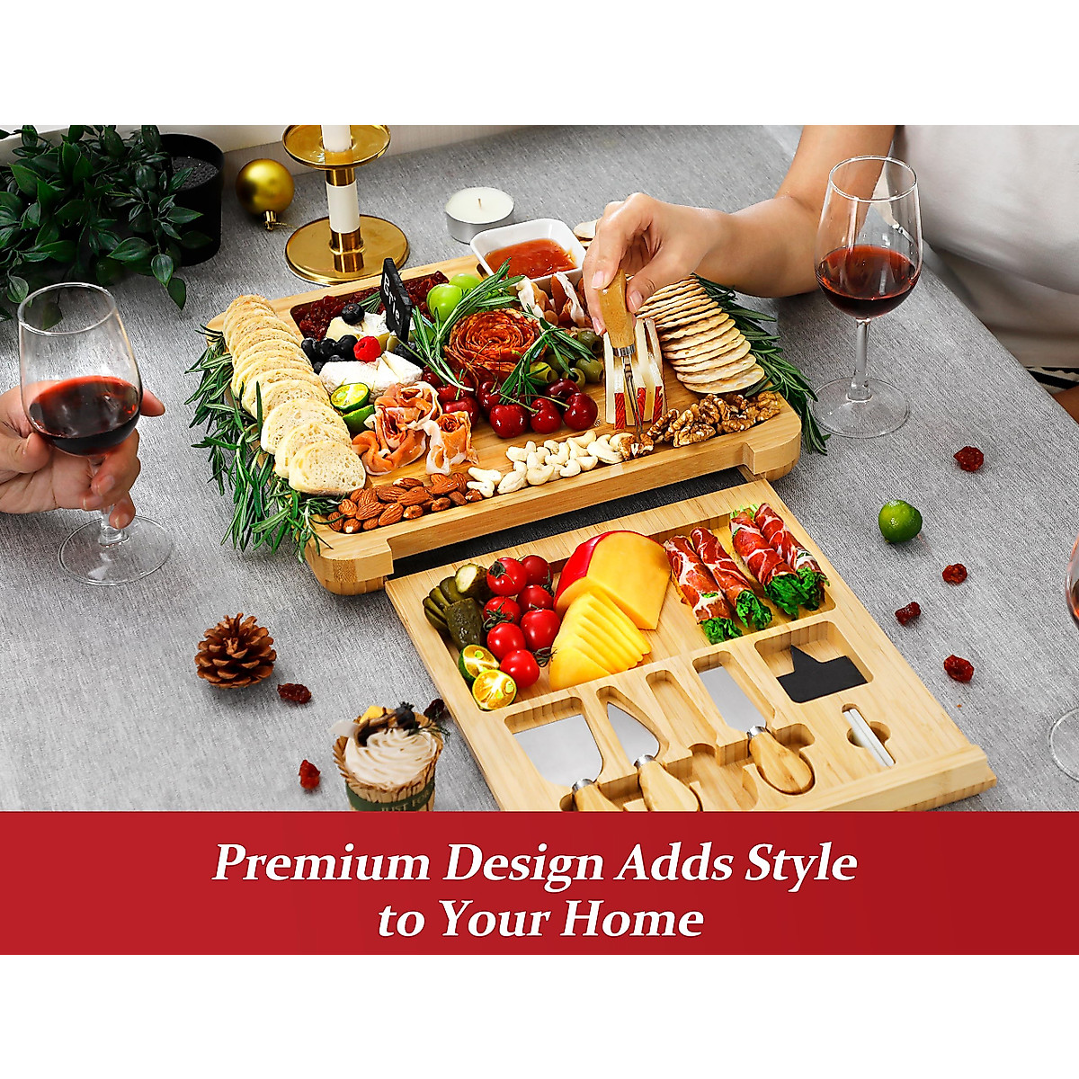 Easoger Cheese Board, Large Charcuterie Board Set, Bamboo Serving Platter, 4 Serving Knives and Utensils - House Warming Gifts, Wedding Gifts for Couples, Birthday Gift for Women or Men