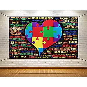 Nepnuser Autism Awareness Photo Booth Backdrop Puzzle Piece Love Heart April Decoration Be Kind Indoor Outdoor Wall Decor-5.9×3.6ft