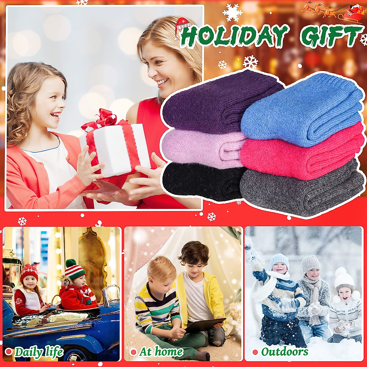 Children's Winter Warm Wool Solid Color Socks Kids Boy Girls Thermal Crew Socks 6 Pairs(Solid Color,8-12 Years)