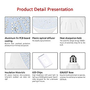 Jeryswet Pool Light, 12V 40W RGB Color Changing LED Pool Lights for Inground Pool, E26 Underwater Pool Light Bulb with Replacement Remote Control for Pentair and Hayward Pool Light RGB 12V 40W