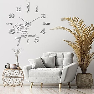 3D Wall Clock Frameless DIY Wall Clock, Big Clock with Quote Sticker for Living Room, Modern Decor for Home Bedroom Office Wall Decorations, Adjustable Size Max 47 Inch (Silver)